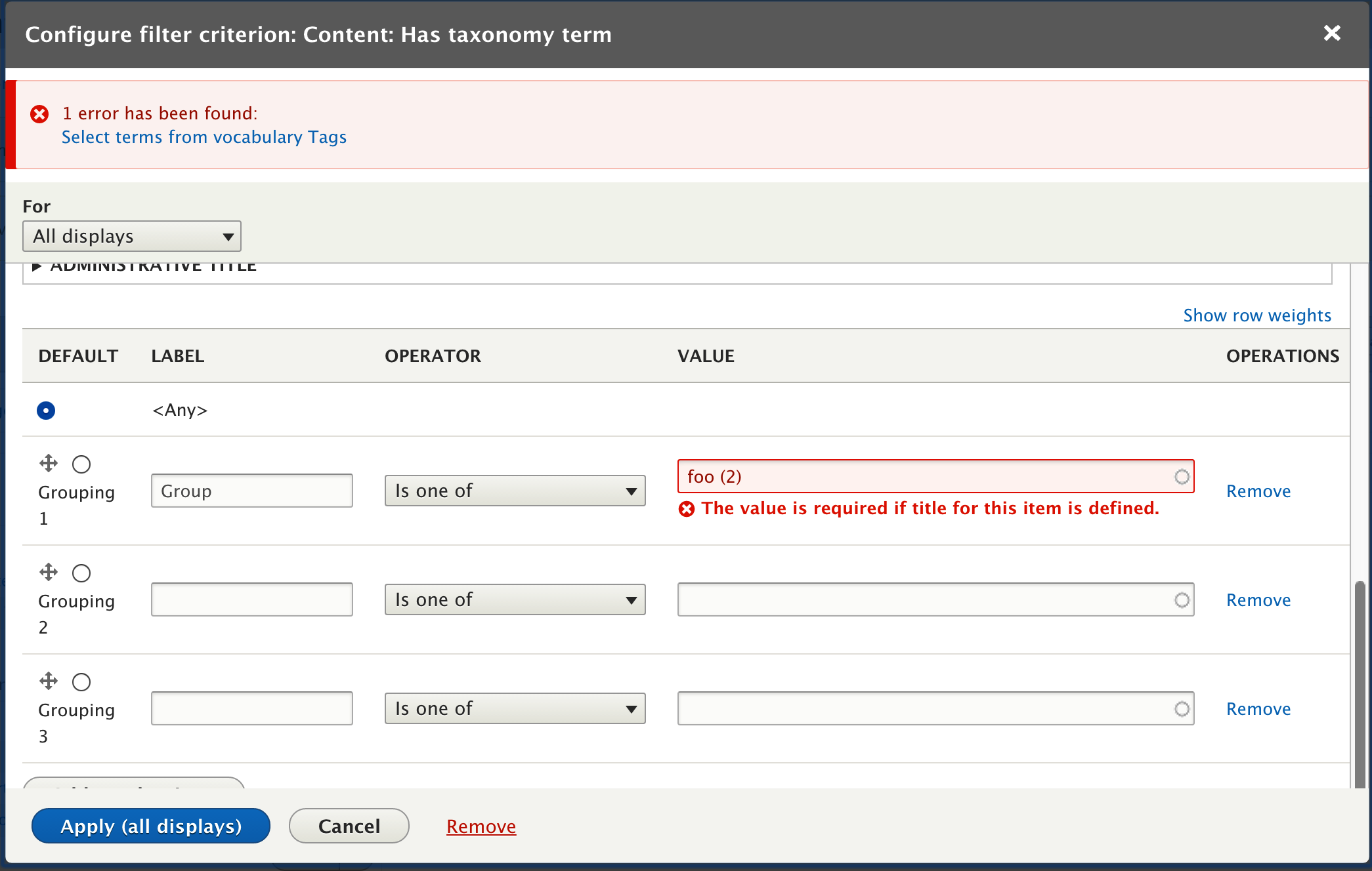 Grouped exposed taxonomy filter fails validation for autocomplete widget [#2576927] | Drupal.org